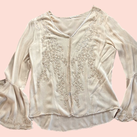 Vintage | Tops | Silk Beaded Sheer Claspfront Blouse W Split Bell ...